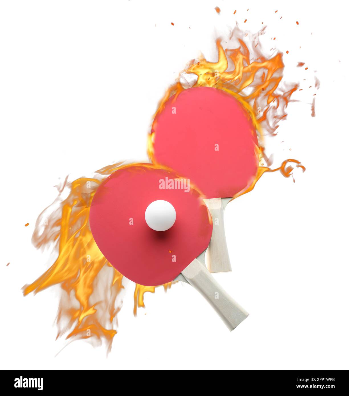 Ping pong rackets and ball in fire on white background Stock Photo - Alamy
