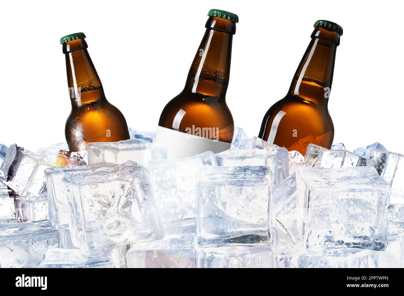 Bottles of beer on ice cubes against white background Stock Photo - Alamy
