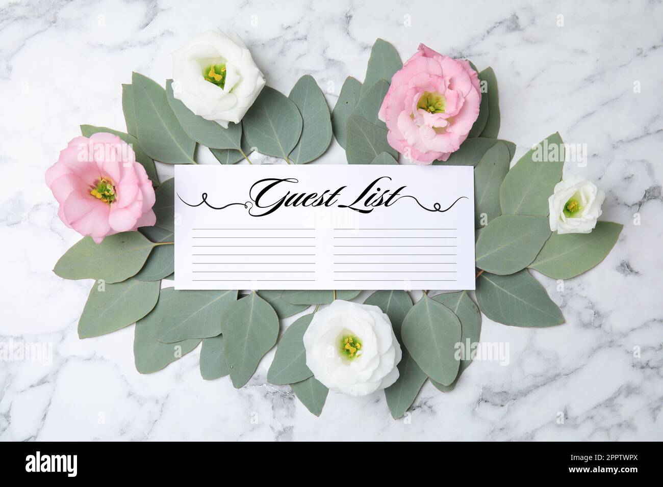 Fresh eucalyptus leaves, flowers and guest list on white marble ...