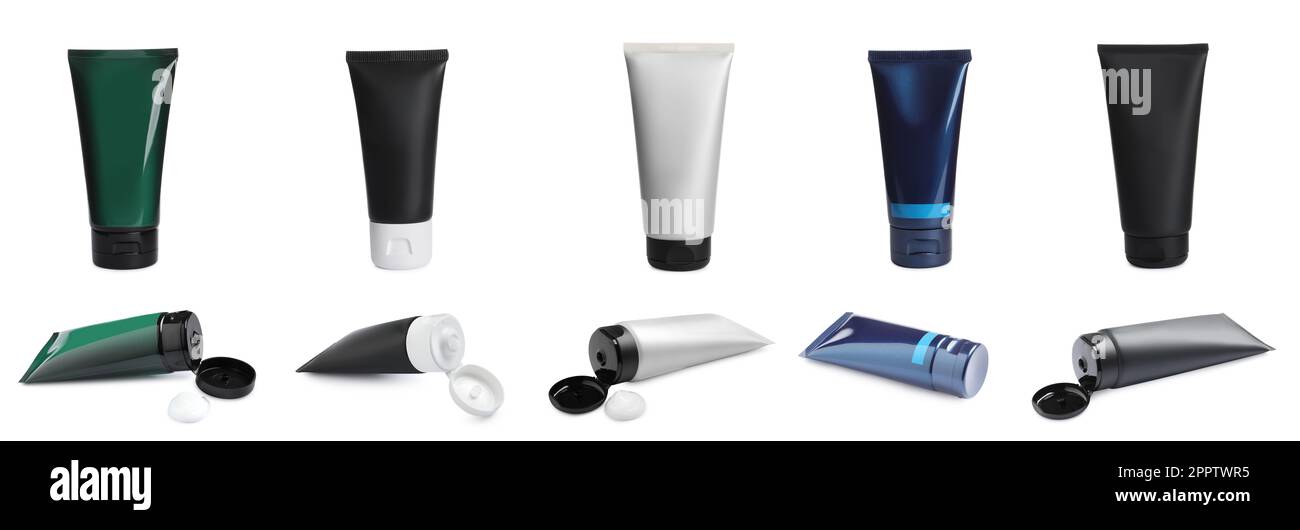 Set with tubes of facial creams on white background. Banner design ...