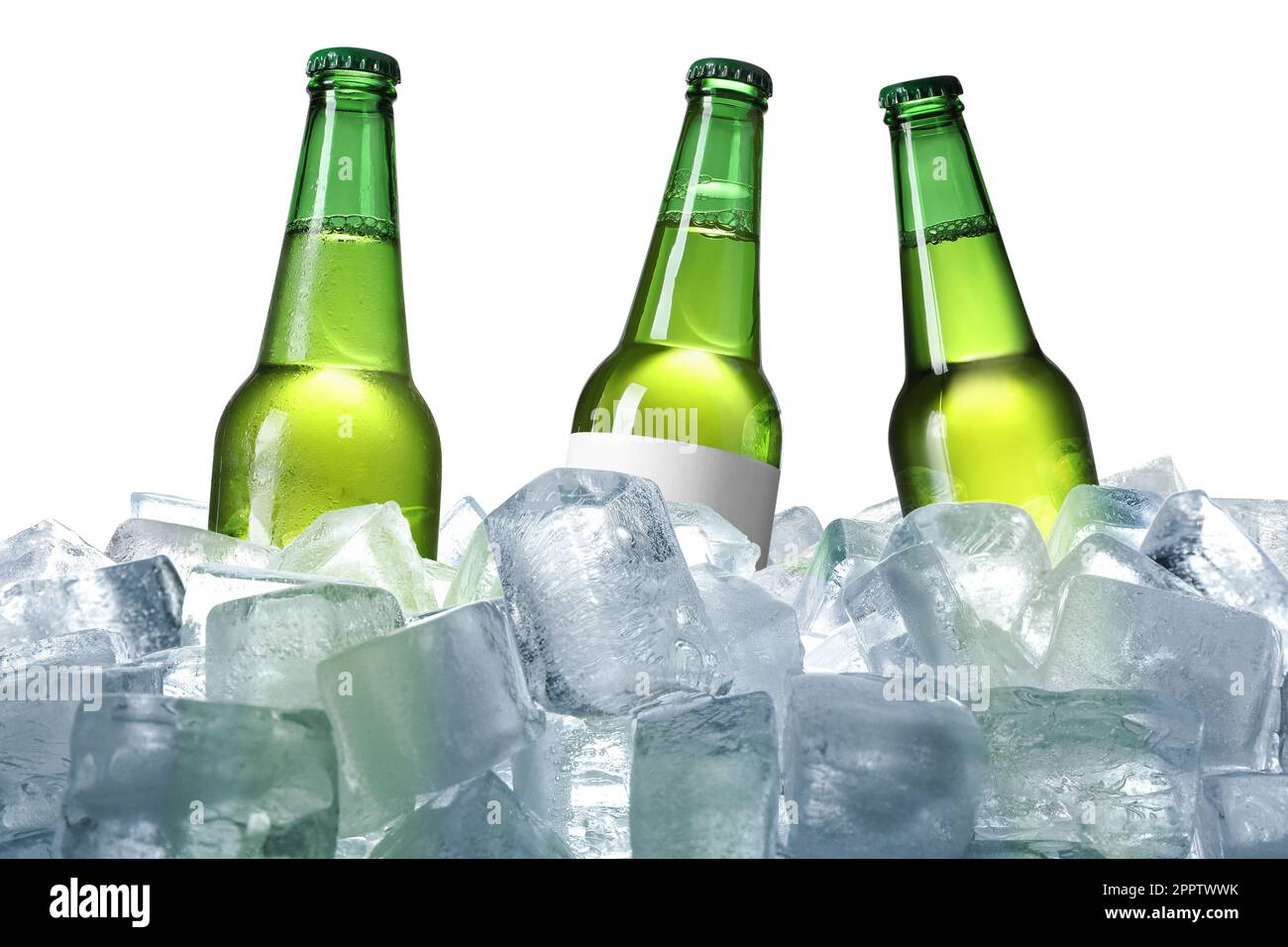 Bottles of beer on ice cubes against white background Stock Photo - Alamy
