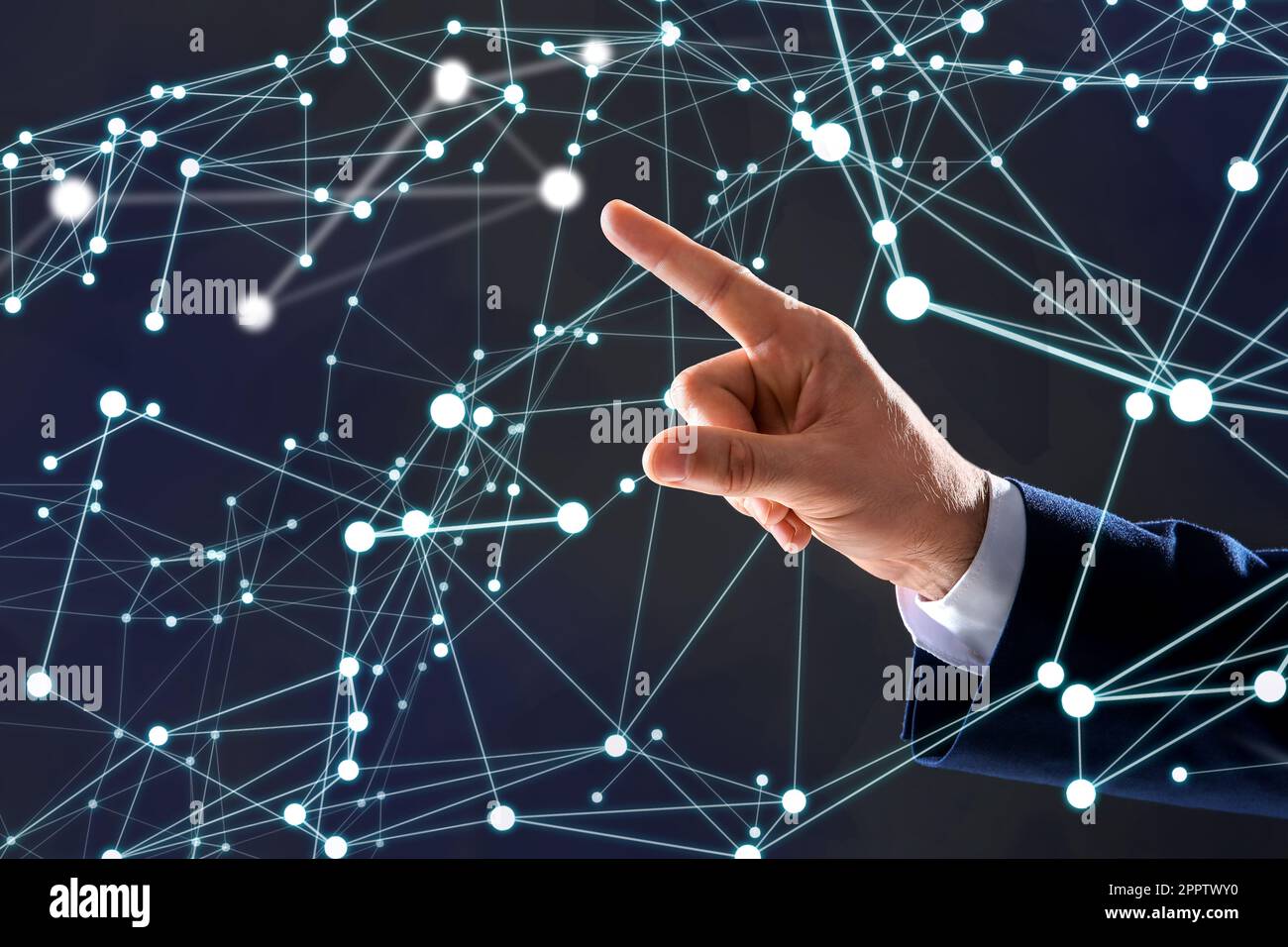 Man using virtual screen with connection lines presenting innovation ...