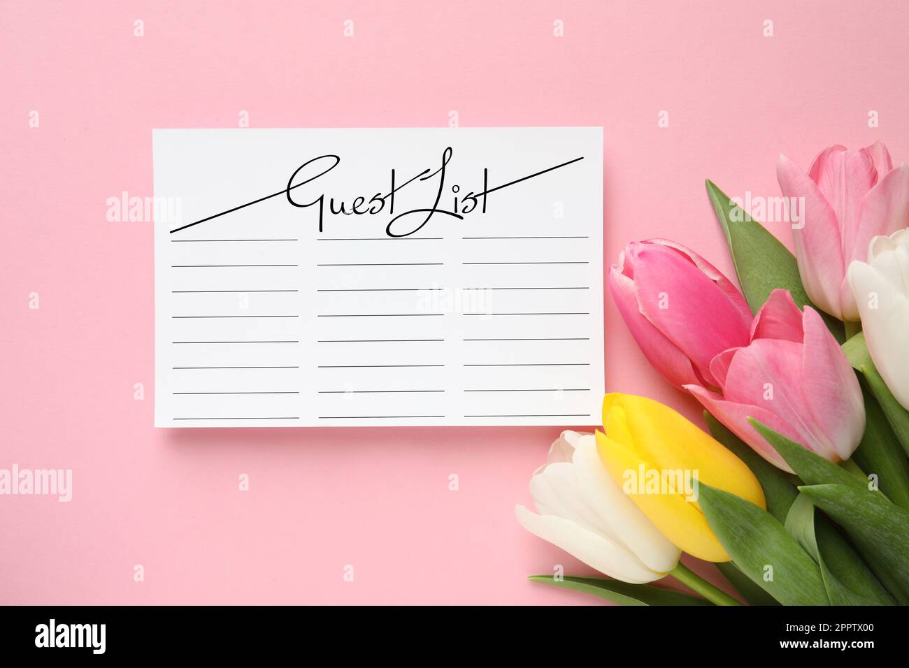 Beautiful tulips and guest list on pink background, flat lay Stock ...