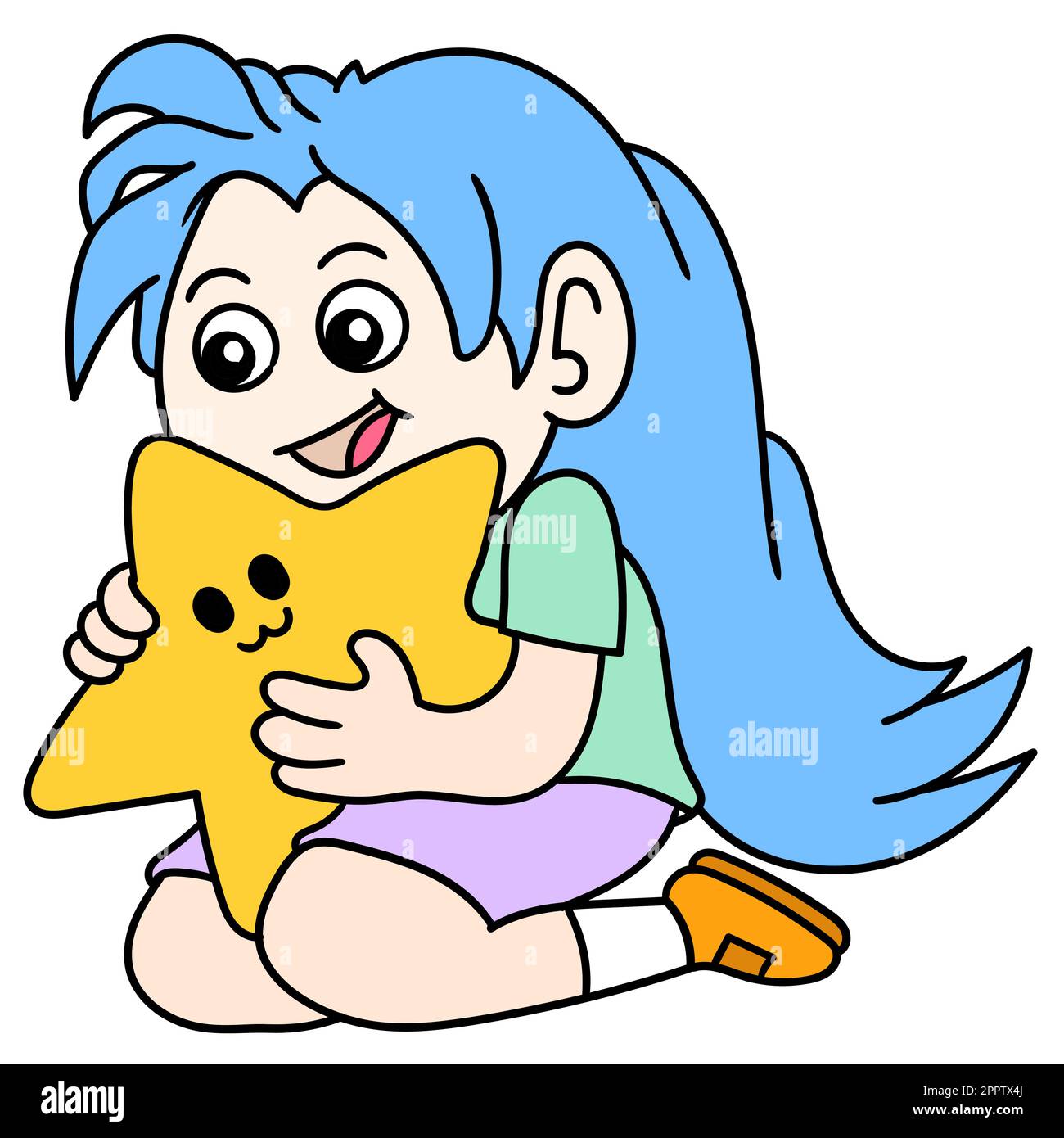 a girl full of dreams is hugging the star in his arms, doodle icon ...