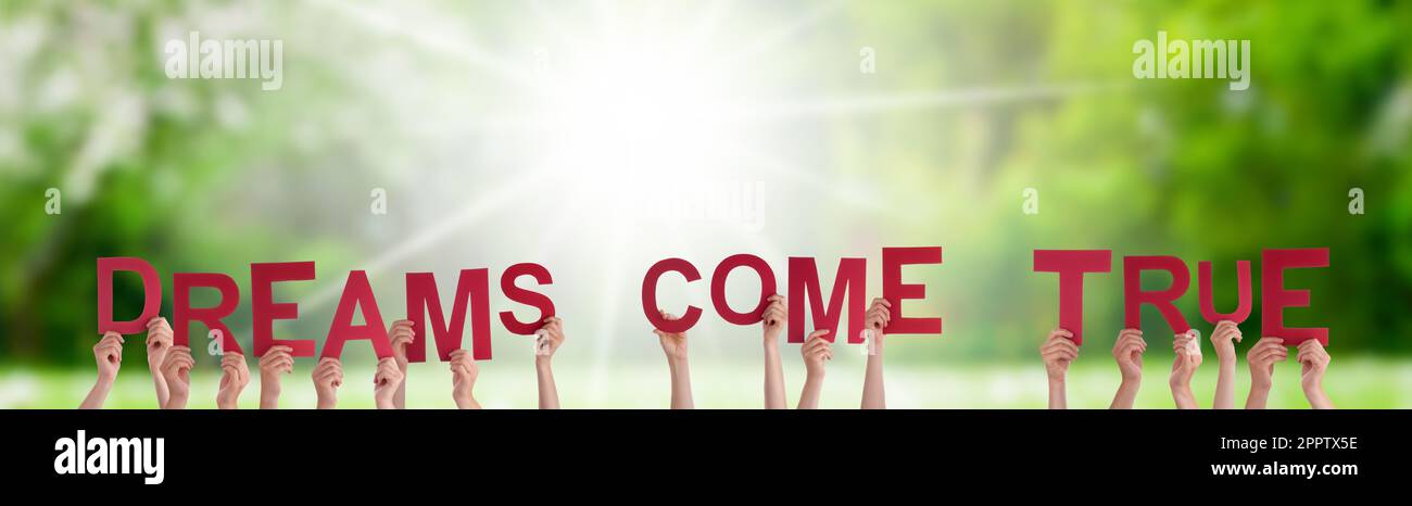 People Hands Building Word Dreams Come True, Grass Meadow Stock Photo ...