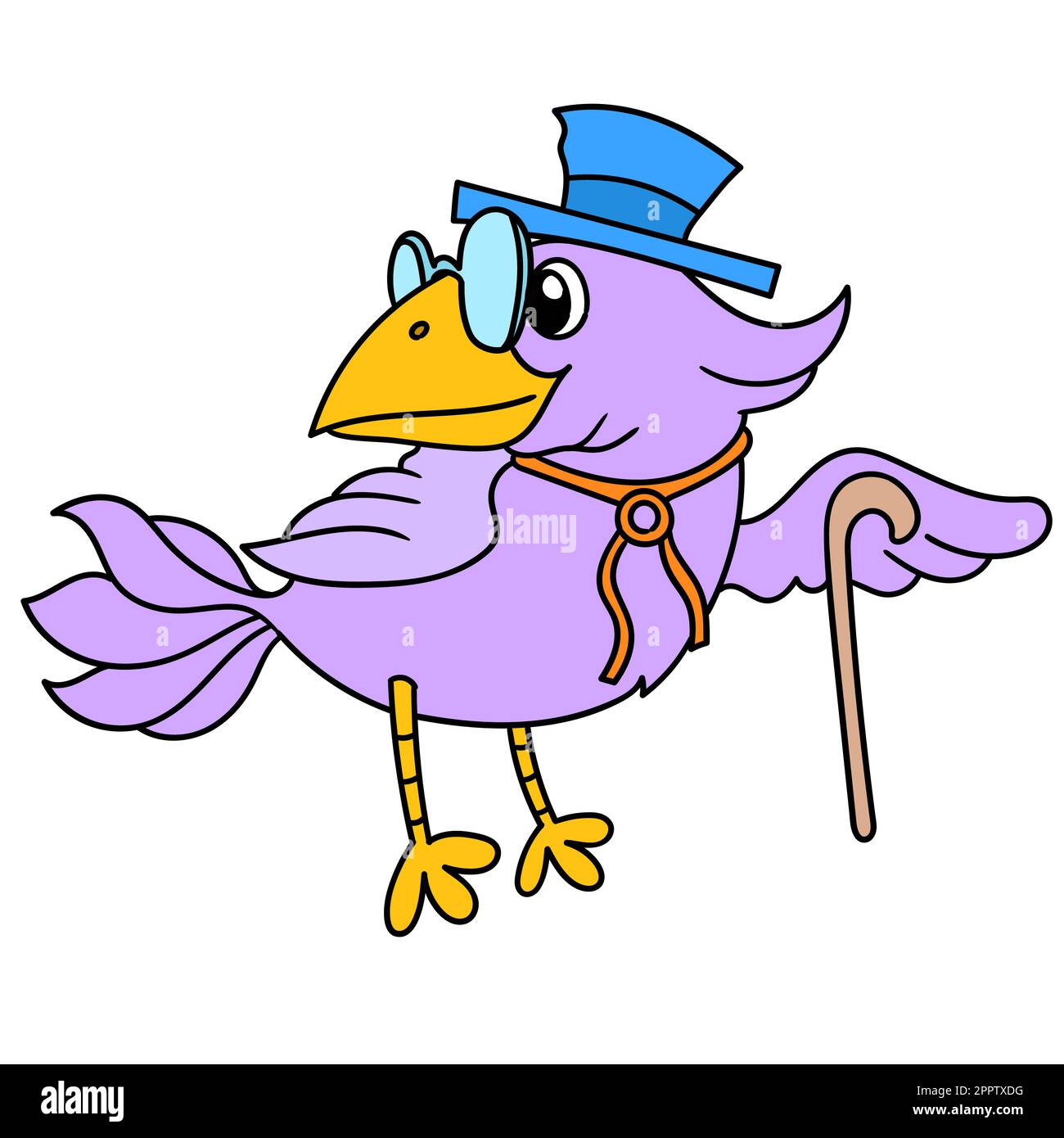 a dark purple bird wearing a hat carrying a stick, doodle icon image ...