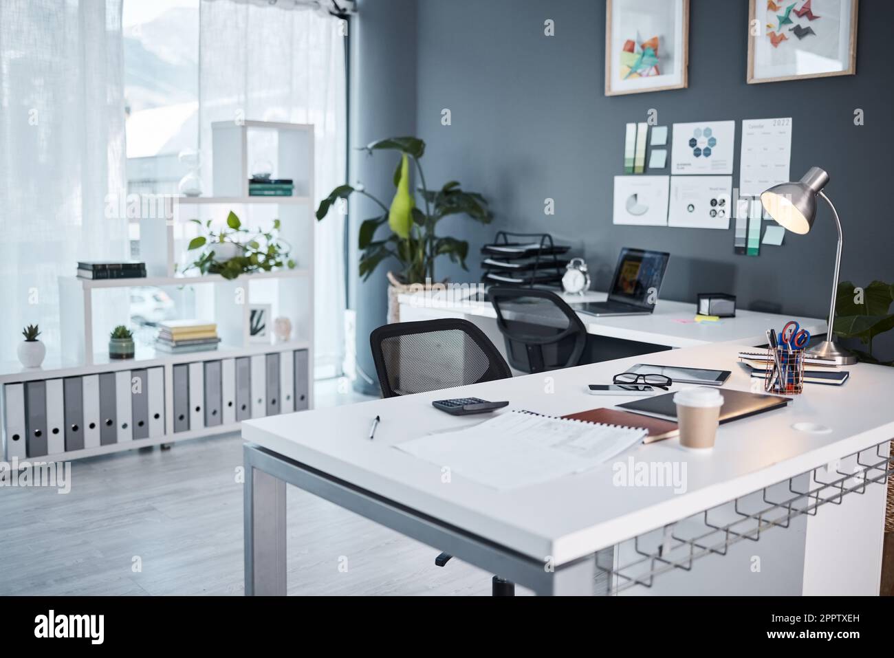Empty office, interior and workspace with furniture, table and ...