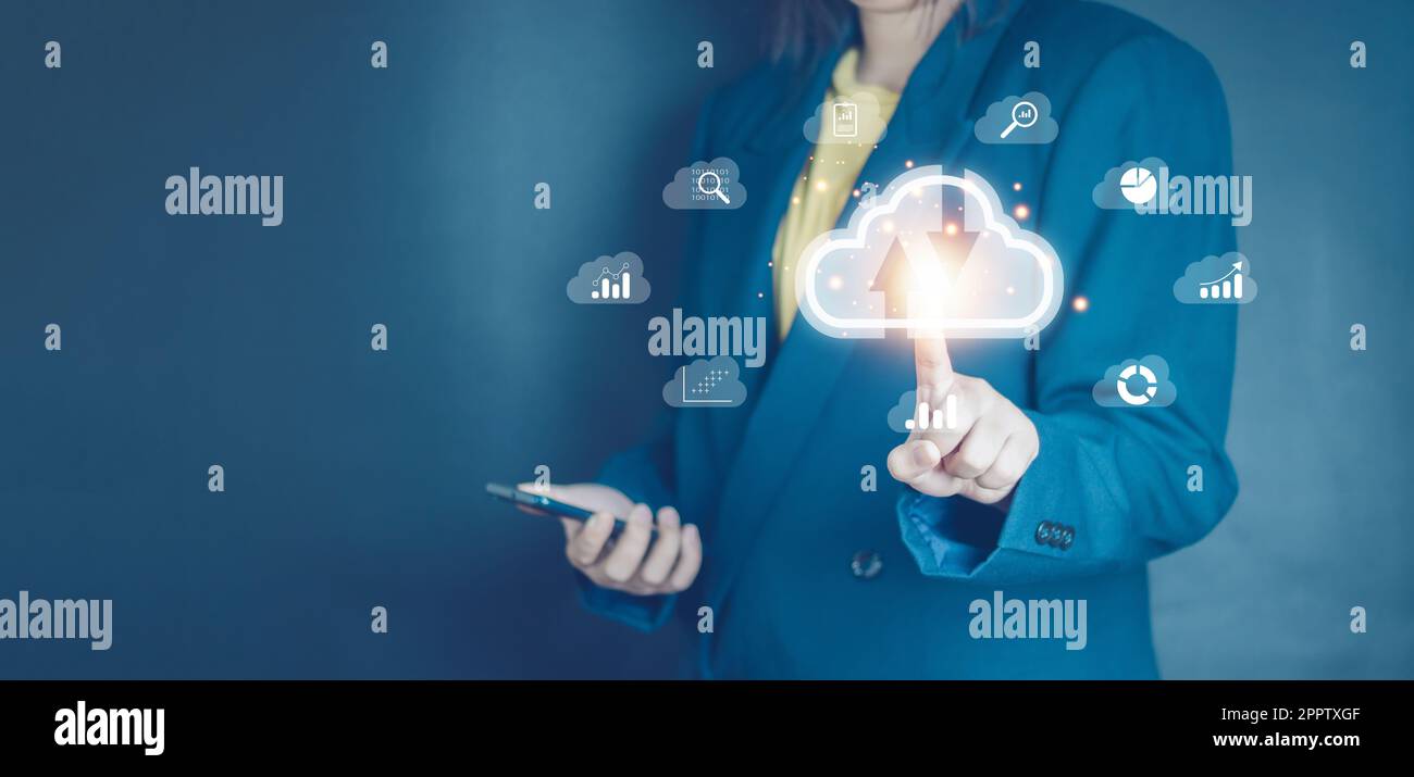 Business hand using smartphone with virtual popup icon of cloud ...