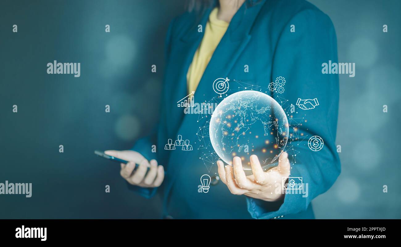 Businessman holding global network connection on social networking and ...