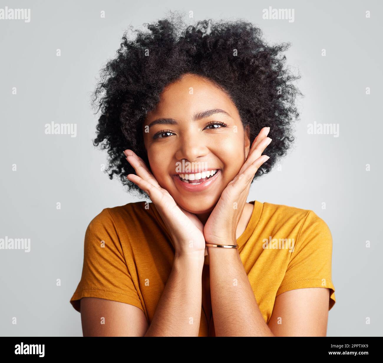 Smile, happy and portrait of woman in studio for carefree, cheerful and ...