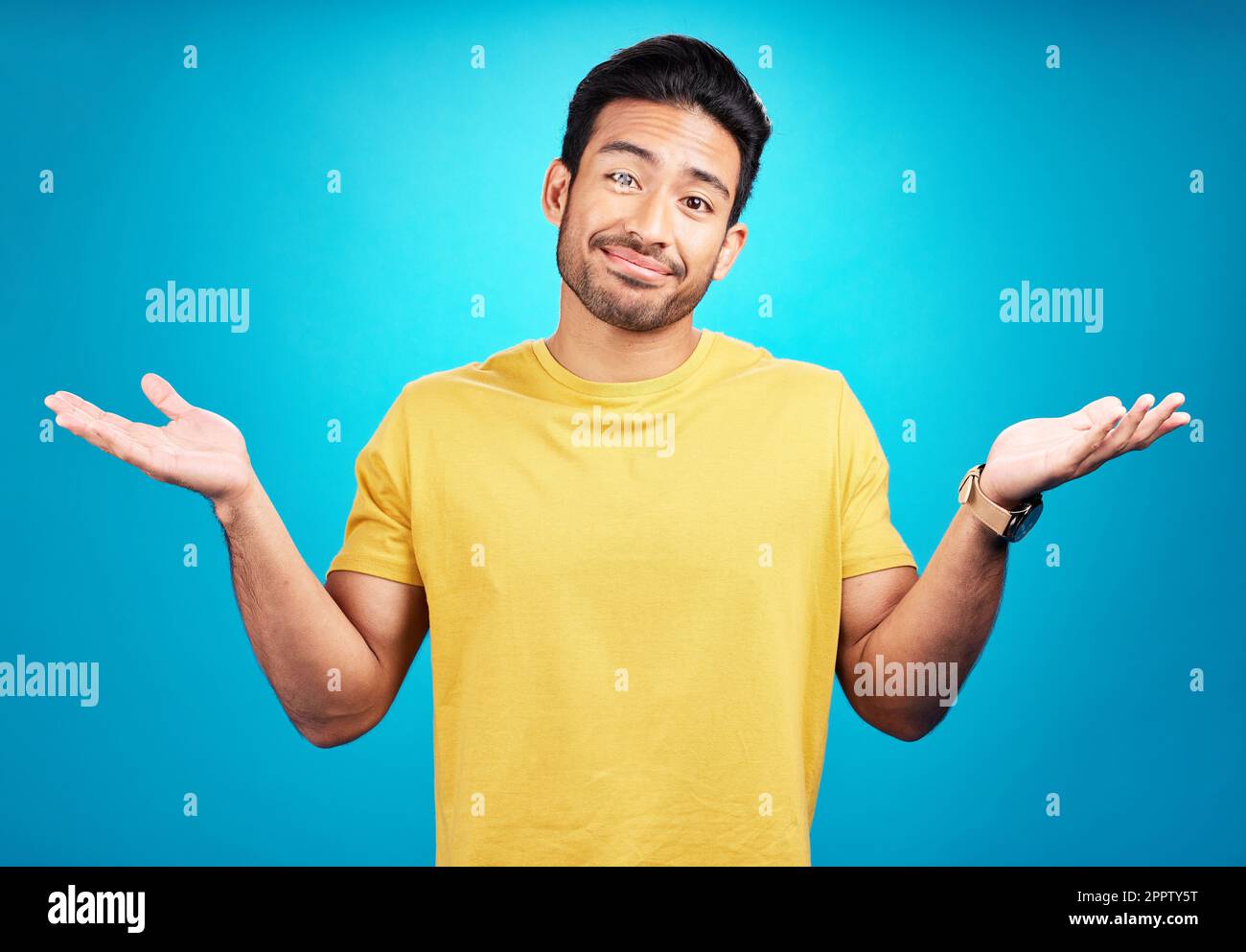 Confused, question and portrait of man shoulder shrugging and raise ...