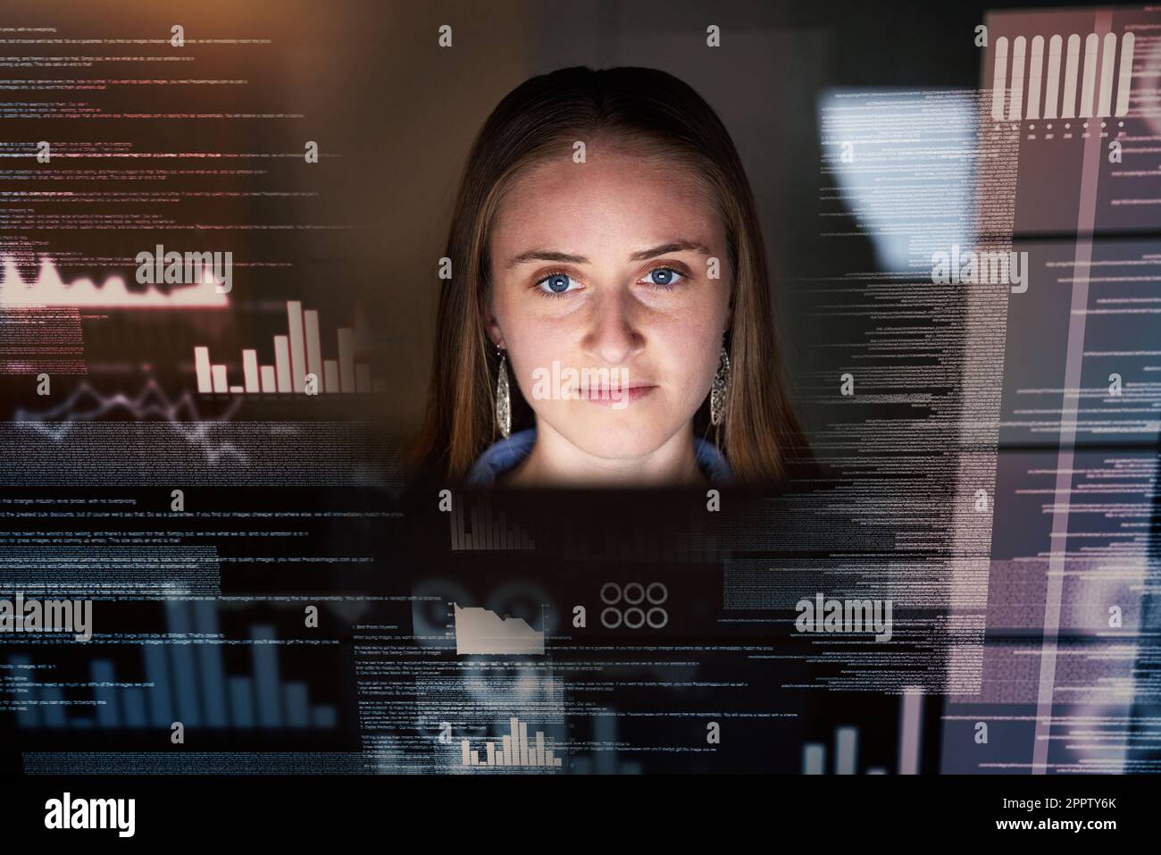 Woman, face and futuristic with data analytics, coding and digital ...
