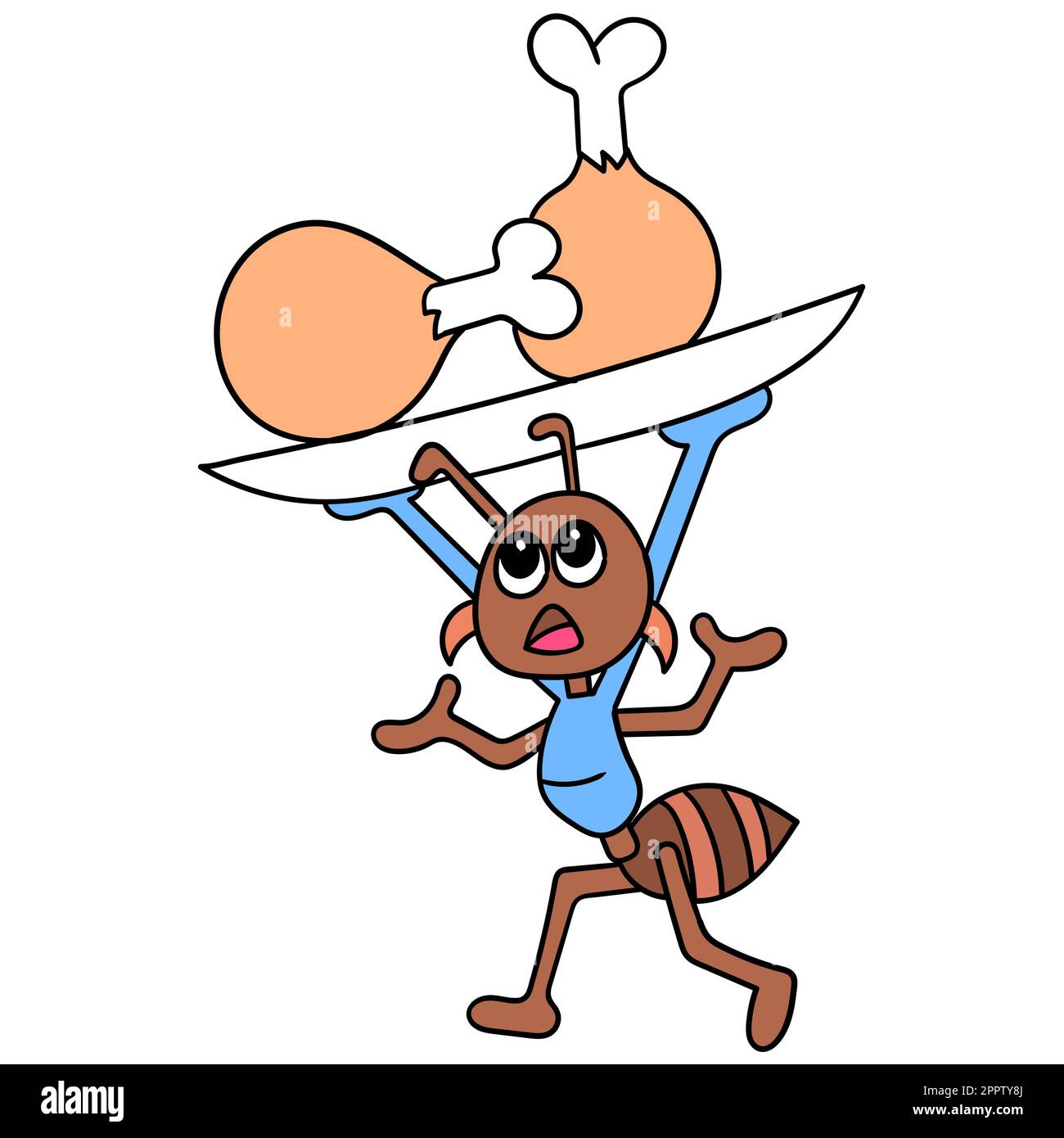 Small ant insects carrying a plate of chicken thighs stagger, doodle ...