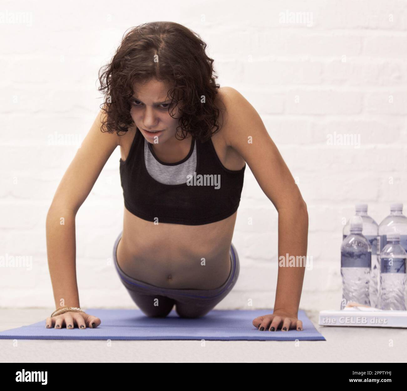 Sick, anorexia and tired with woman and push up for weight loss ...