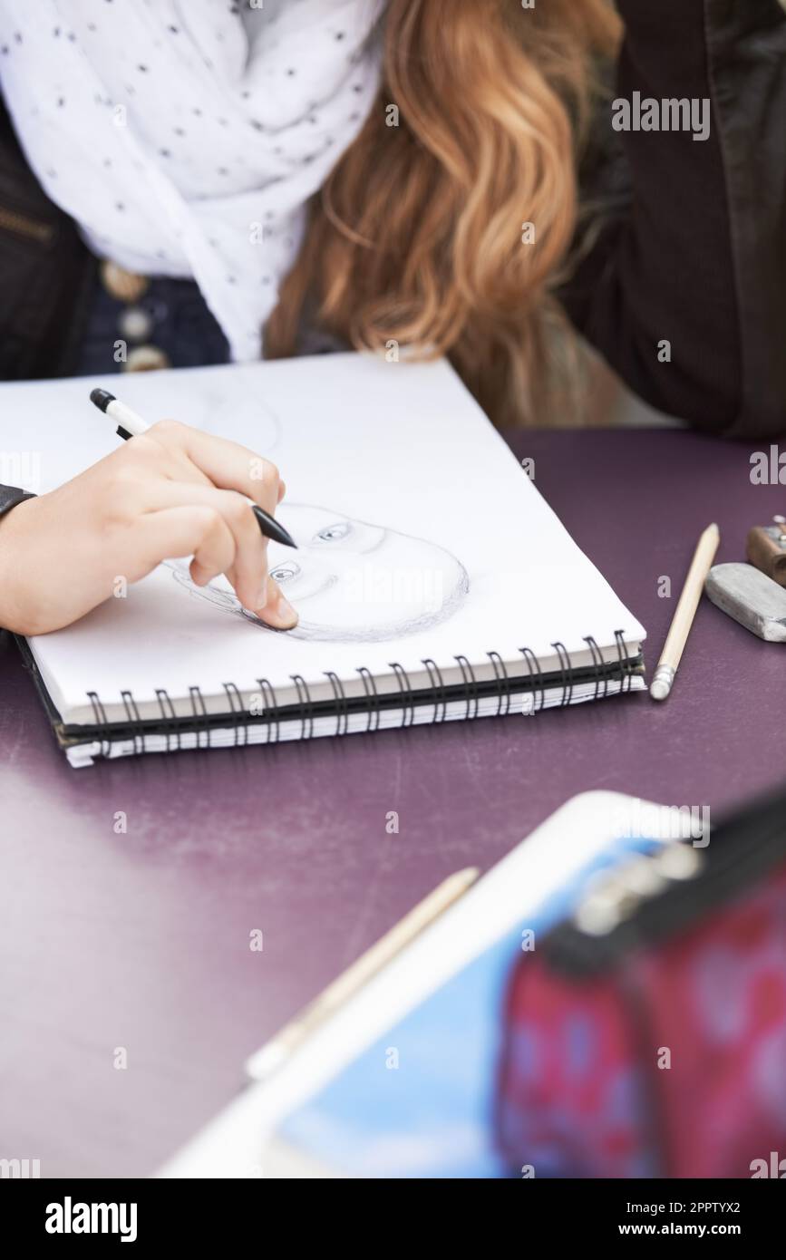 Drawing, design and a woman with a notebook for school creativity, exam ...