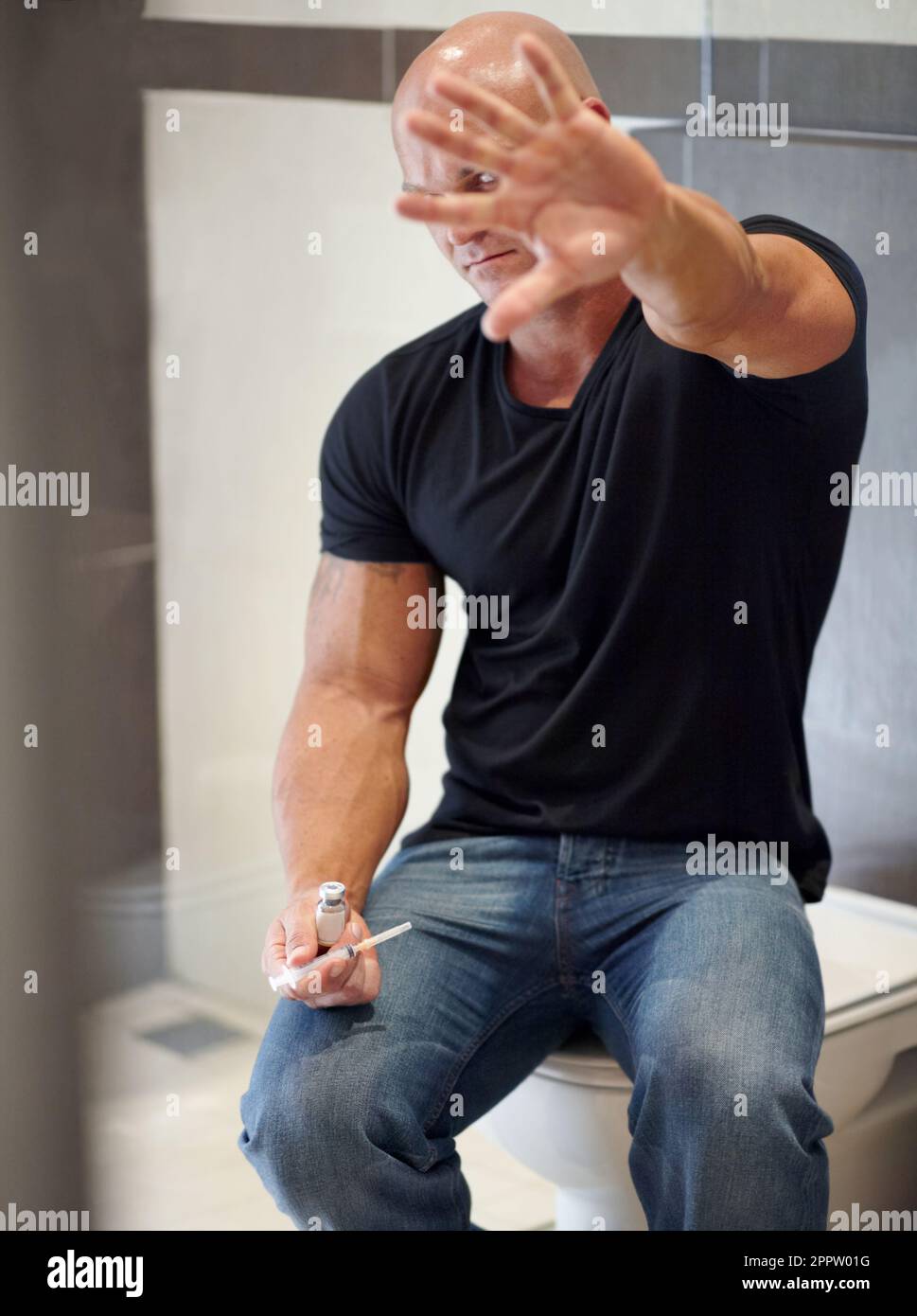 Hide, steroids and muscle with man in bathroom for shame, testosterone ...