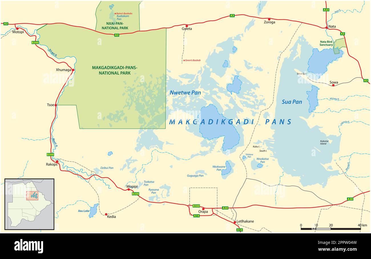 Vector map of the Makgadikgadi Salt Pans in northeastern Botswana Stock ...
