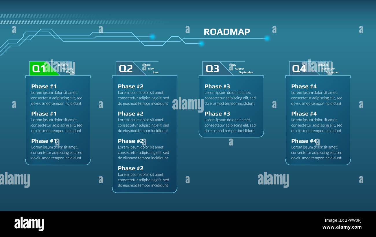 Horizontal quarterly roadmap in tech style on blue background. Timeline ...