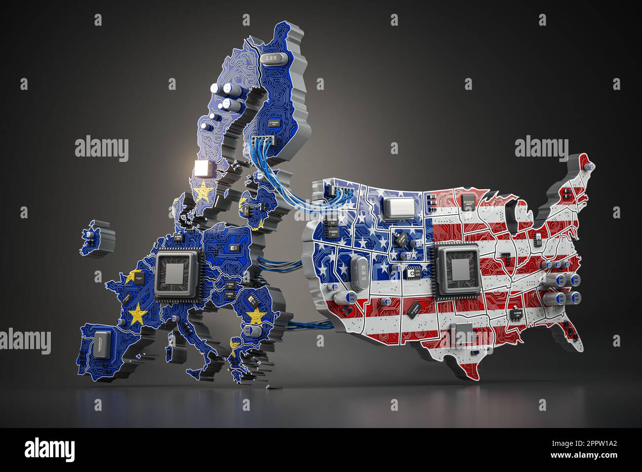 Semiconductor chip cooperationr between USA and European Union concept ...