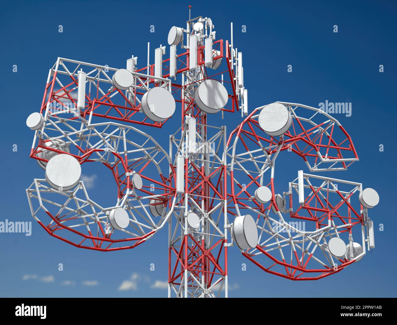 5G telecommunication tower. Antenna radio transmittors of cellular 5G. 3d illustration Stock ...