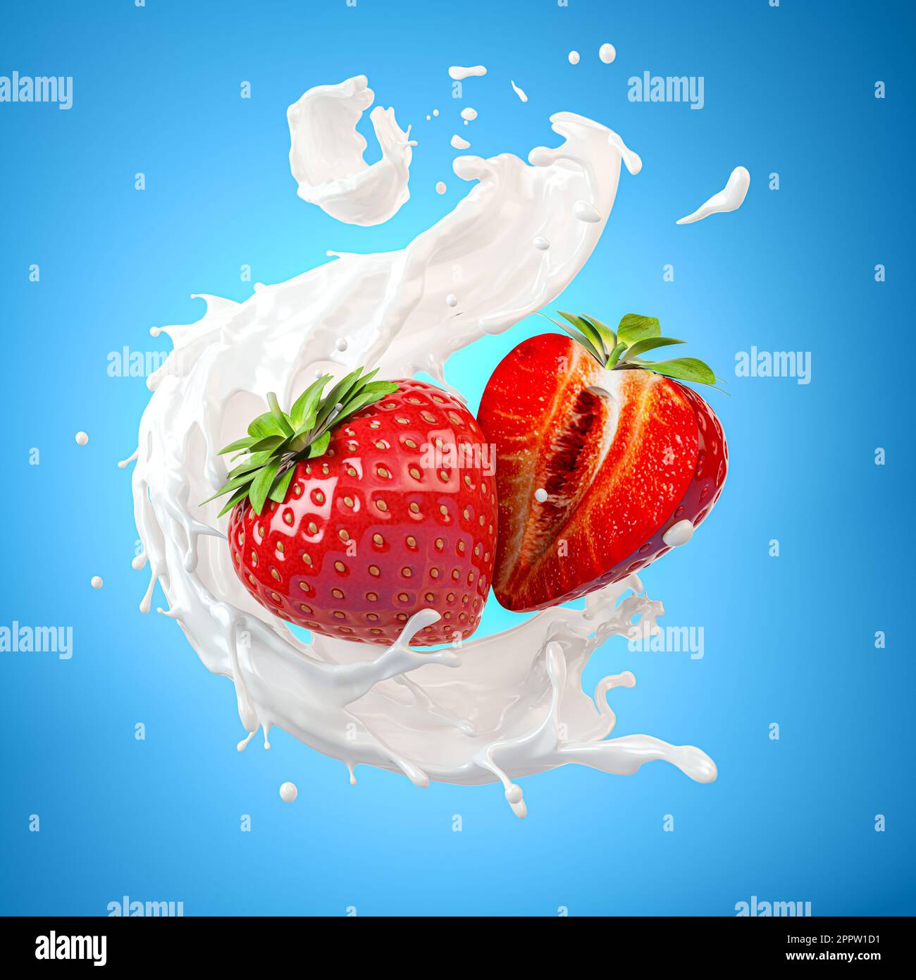 Strawberry in a milk, cream or yogurt splash. 3d illustration Stock ...