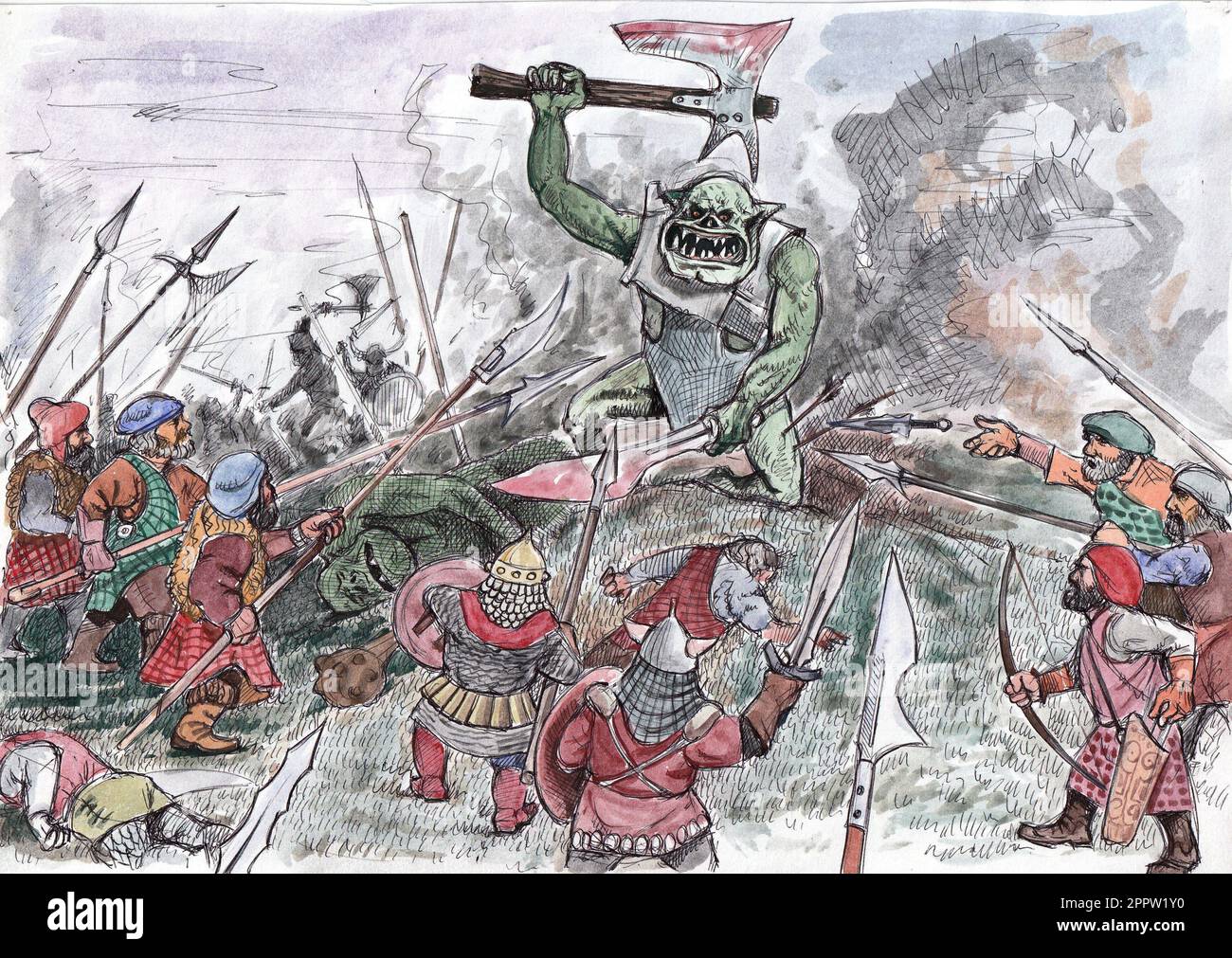Battle between orcs and dwarves. Fairytale creatures. Fantasy drawing ...