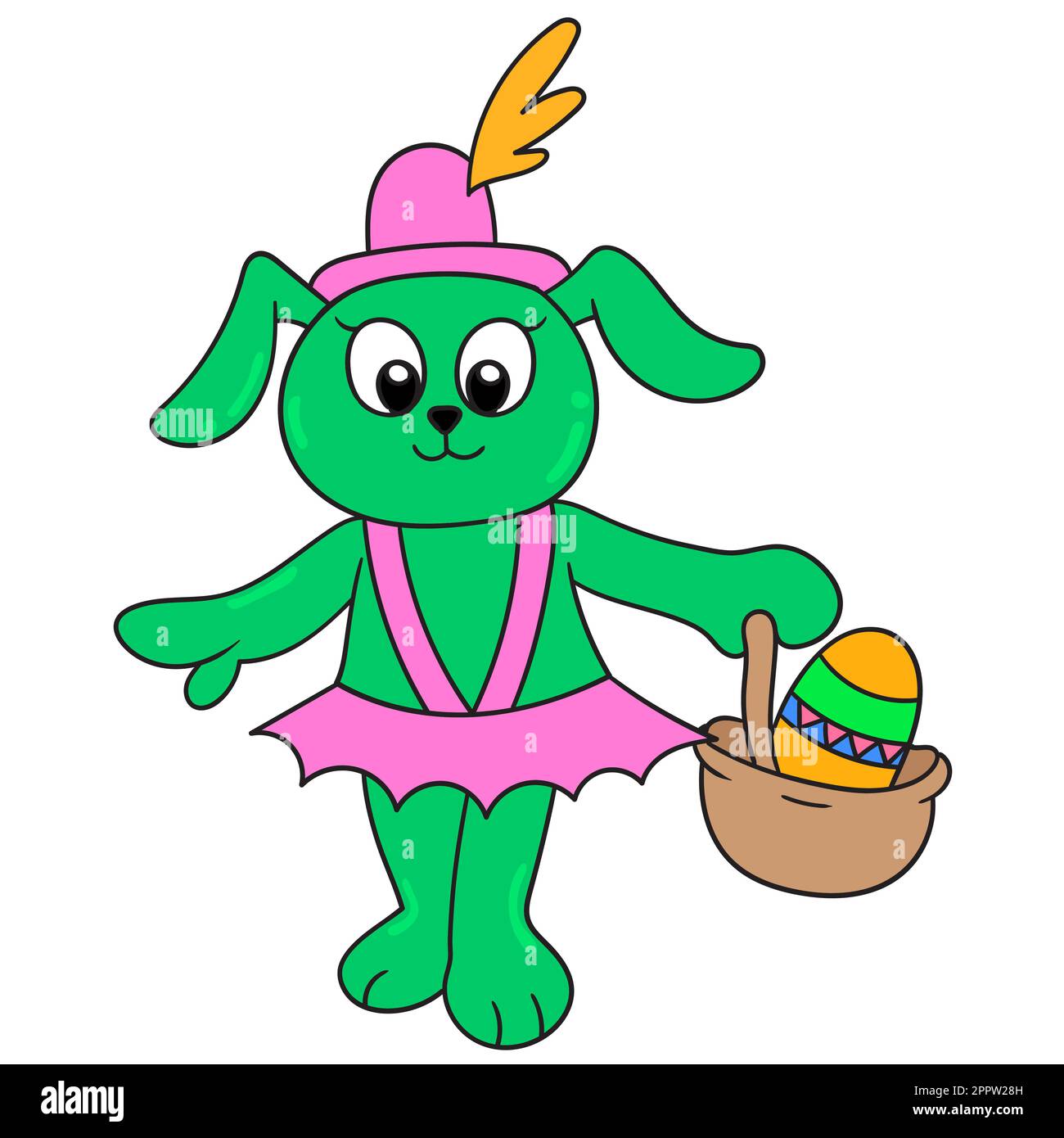 beautiful doe hare walking with easter eggs in basket, doodle icon ...