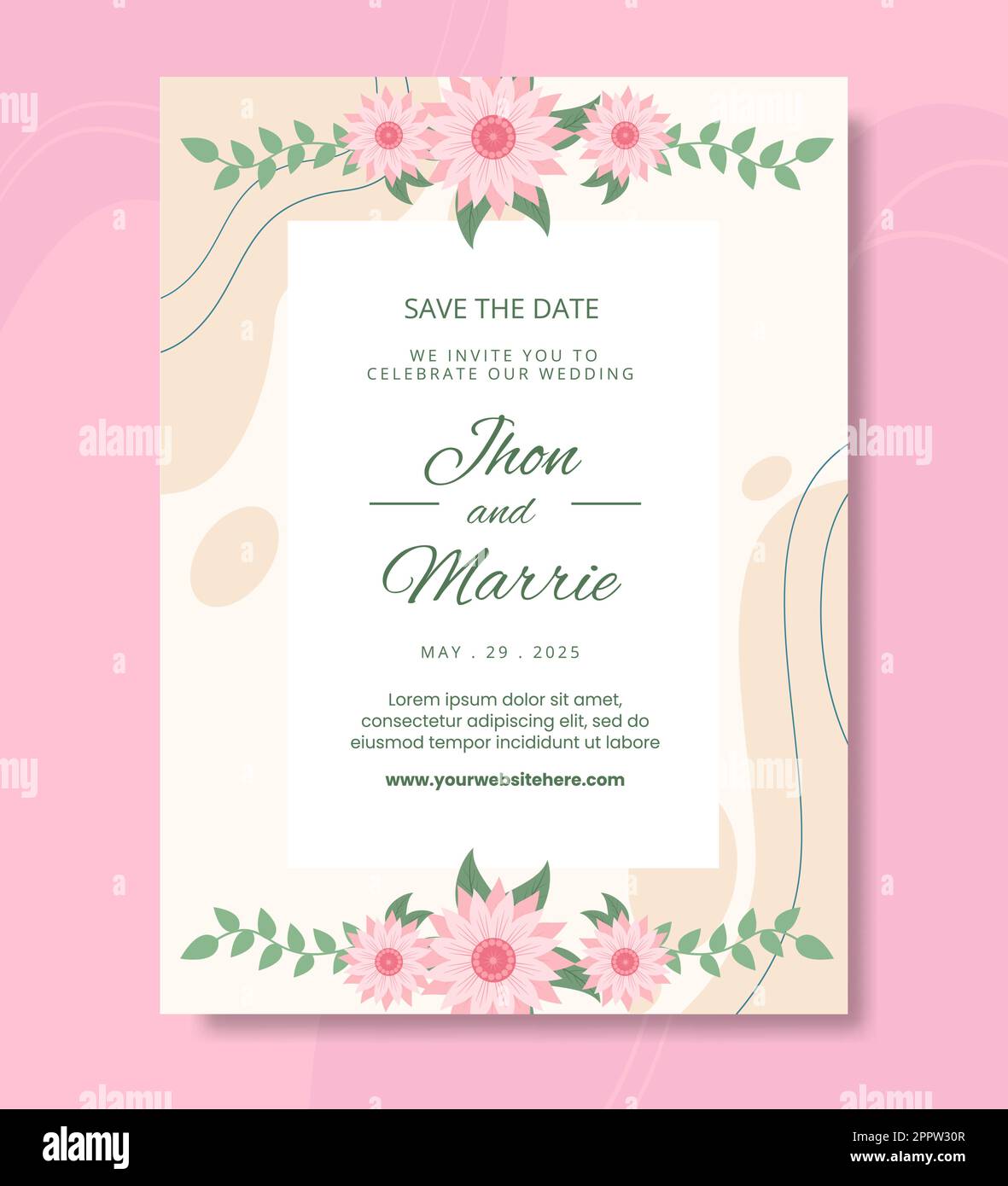 Floral Wedding Invitation Template Flat Cartoon Background Vector ...