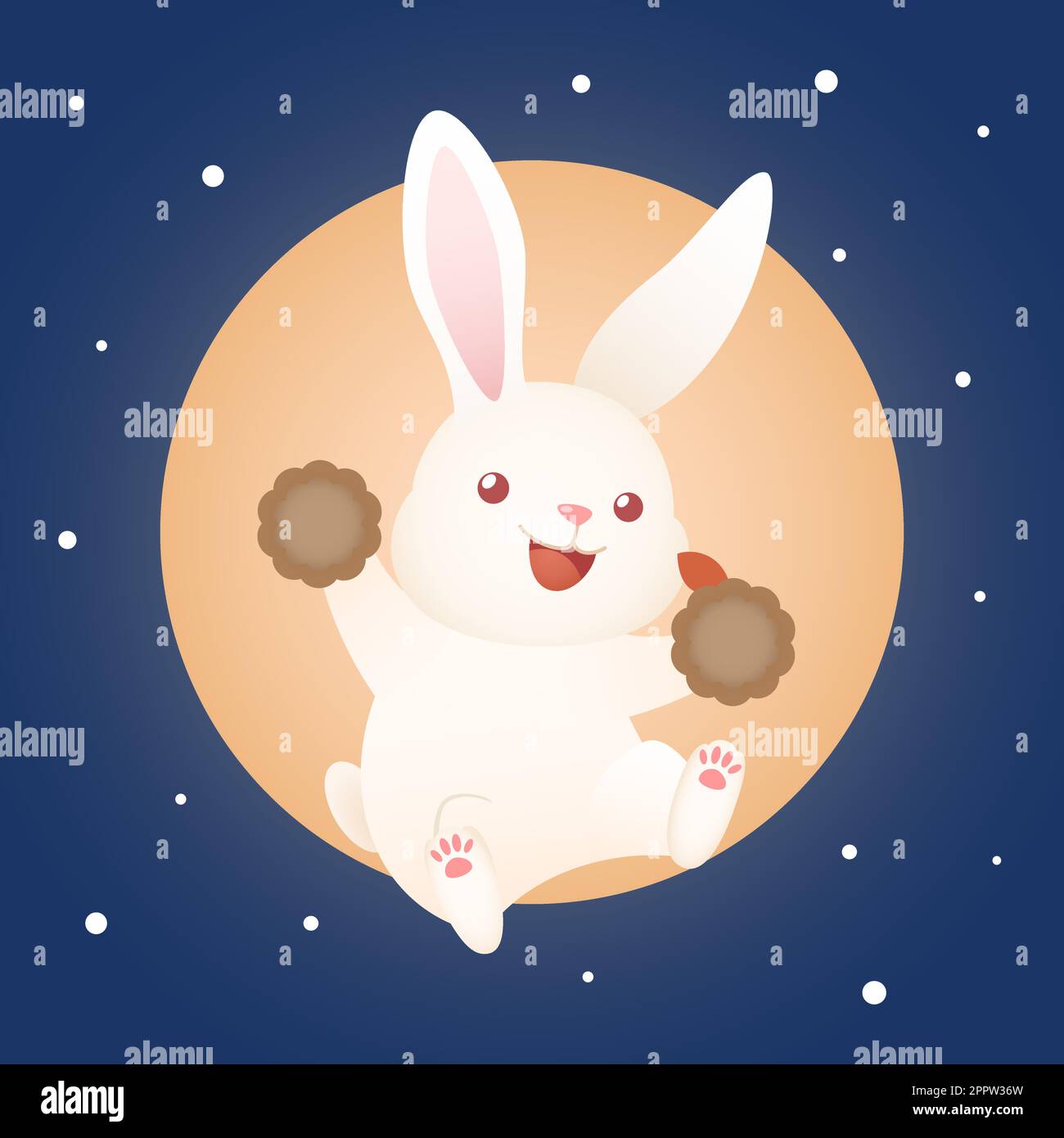 cute mid autumn festival rabbit bunny holding moon cake with big moon ...