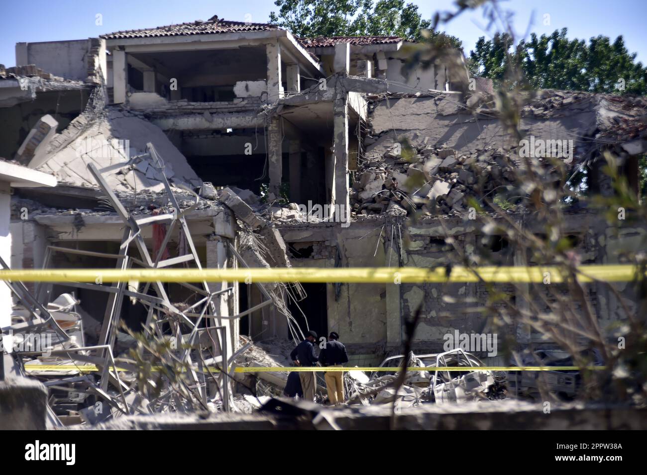 Swat. 25th Apr, 2023. Damaged buildings of counter-terrorism department ...