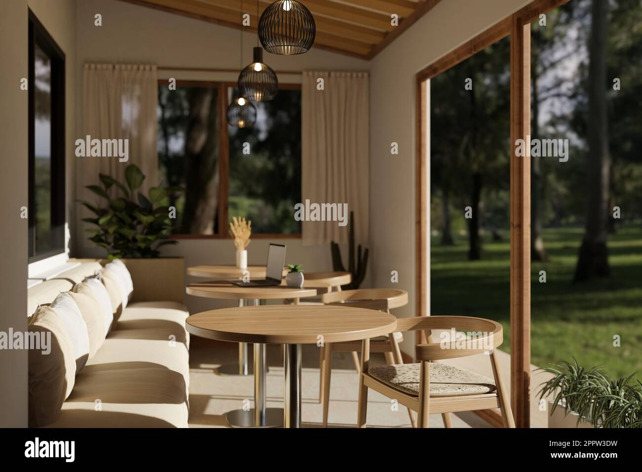 Beautiful minimal and cozy cafe interior design with wooden table ...