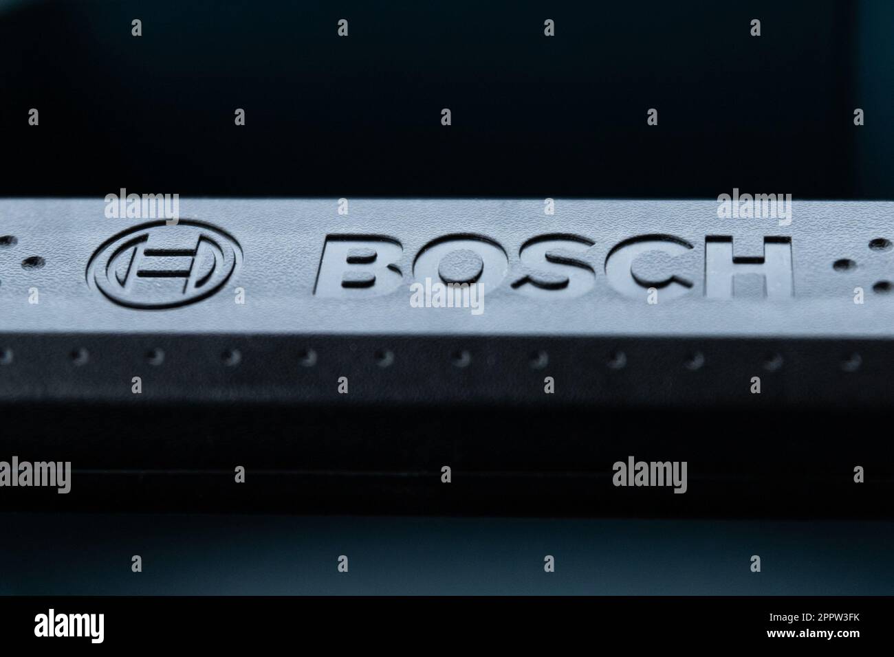 Close-up of the Bosch logo on the handle of a professional construction ...