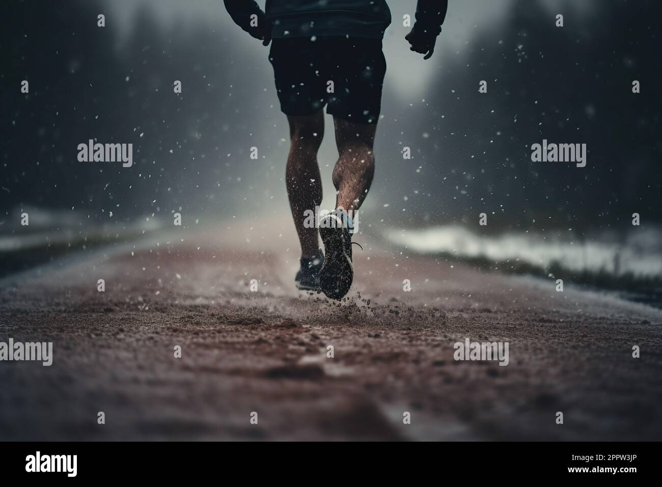 Man running on mud track. Athlete running fast in a park with dense ...