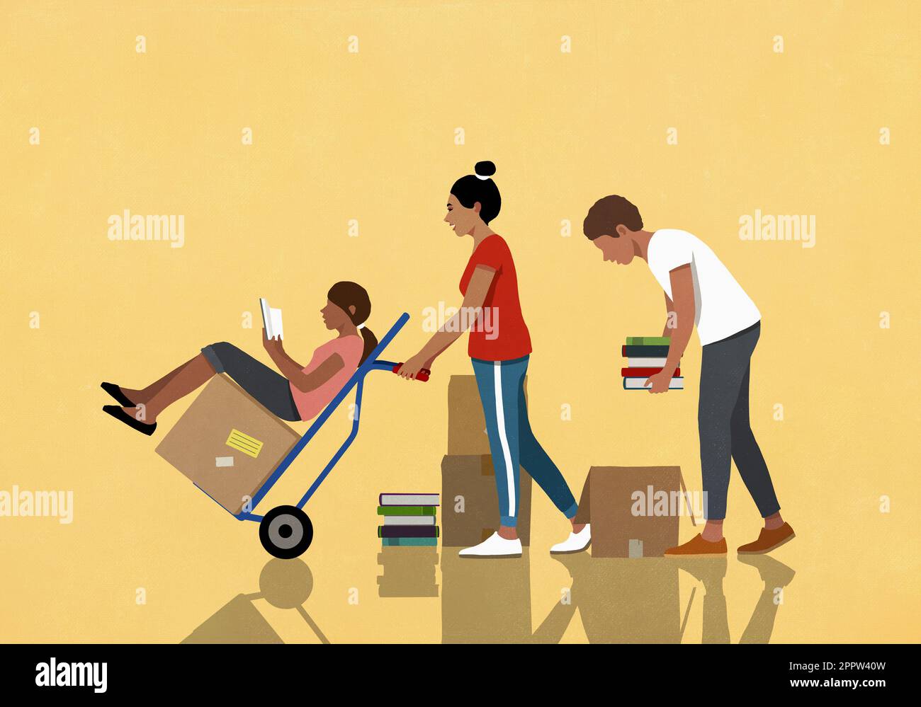 Family reading, packing and moving boxes of books with hand truck Stock ...