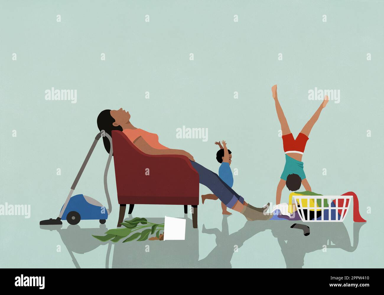 Kids playing behind exhausted mother sleeping in armchair at home Stock ...