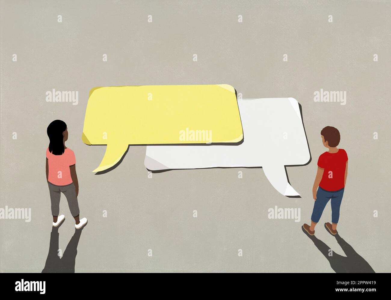 Couple talking, looking down at communication speech bubbles Stock ...