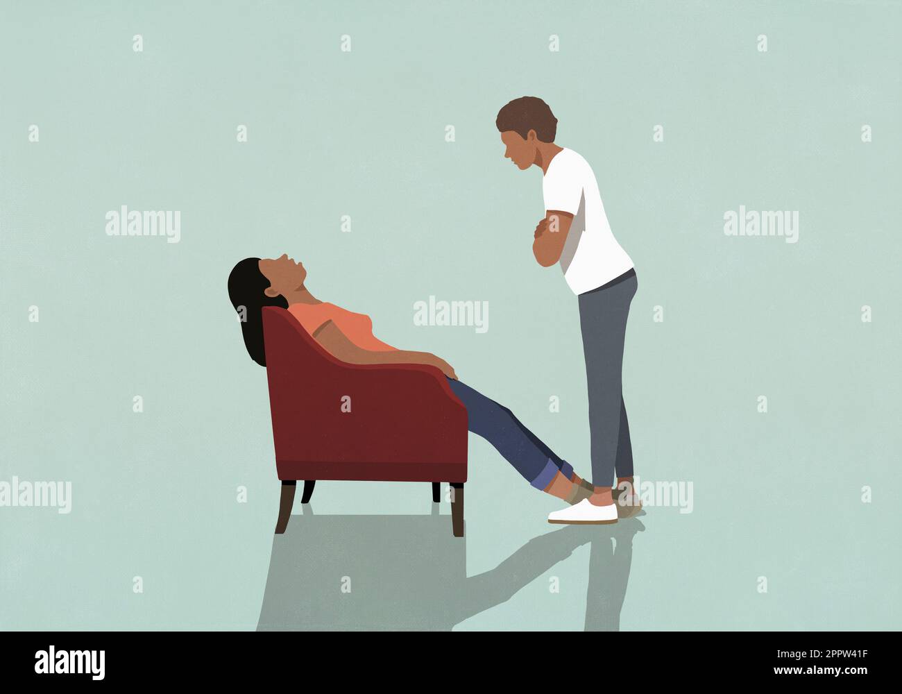 Angry husband watching wife sleeping in armchair at home Stock Photo ...