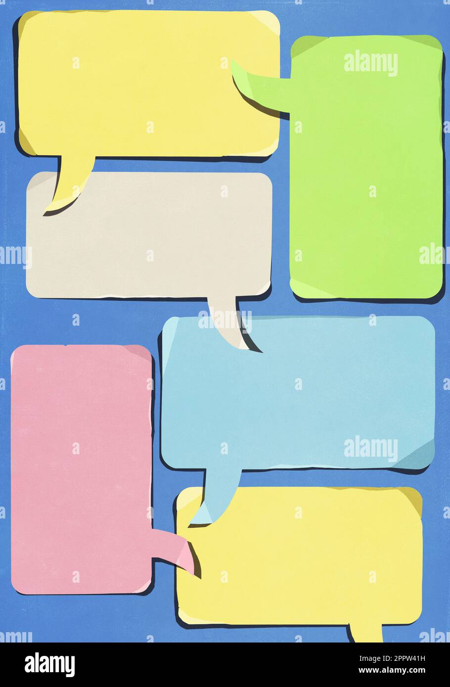 Multicolored communication speech bubbles overlapping on blue ...