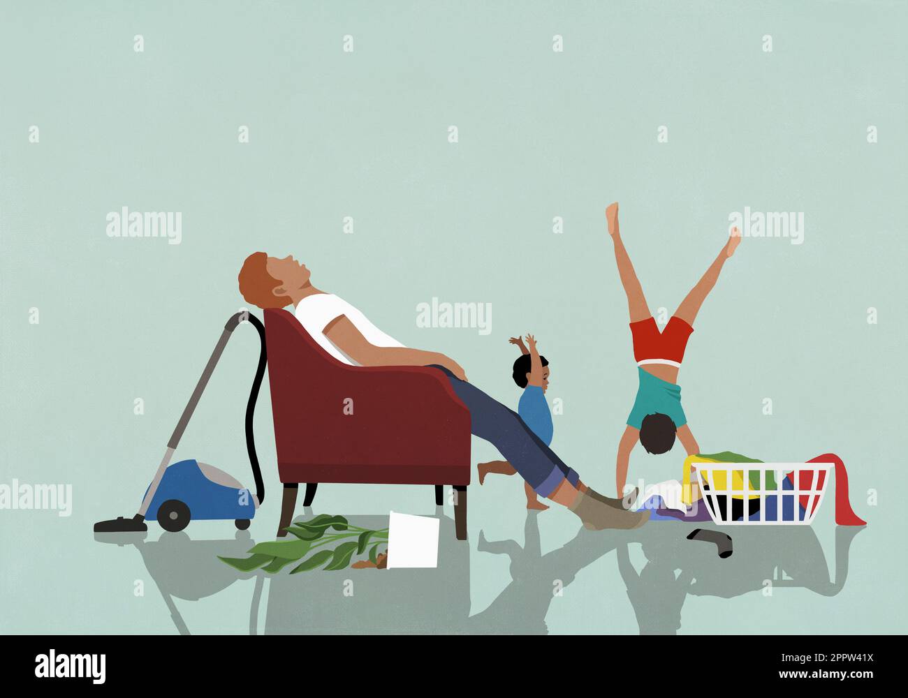 Kids playing behind exhausted father sleeping in armchair at home Stock ...