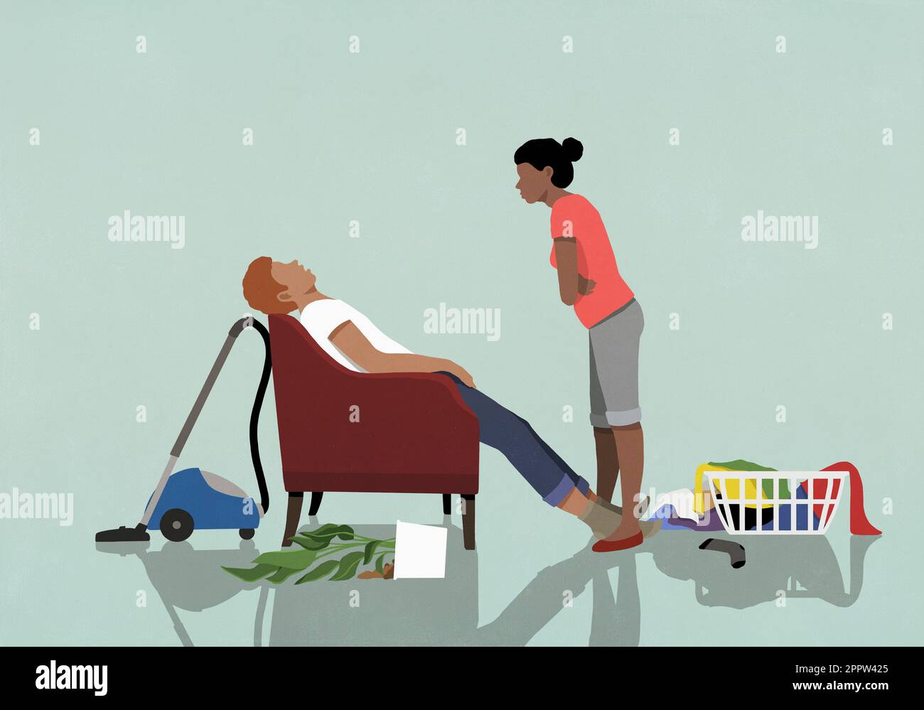 Angry wife watching tired husband sleeping in armchair in messy living ...