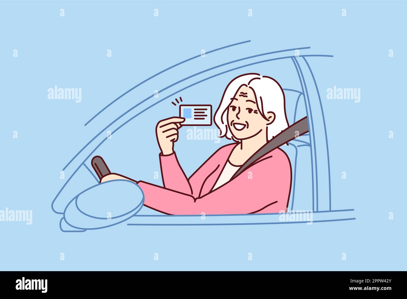 Happy elderly woman demonstrates driver license for road trip sitting ...
