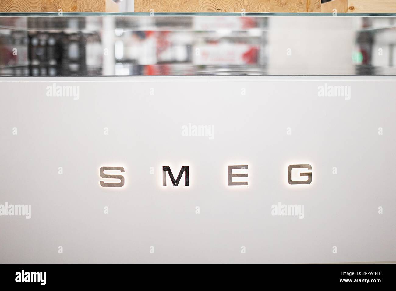 SMEG logo on the elite stand household appliances in a store Stock ...