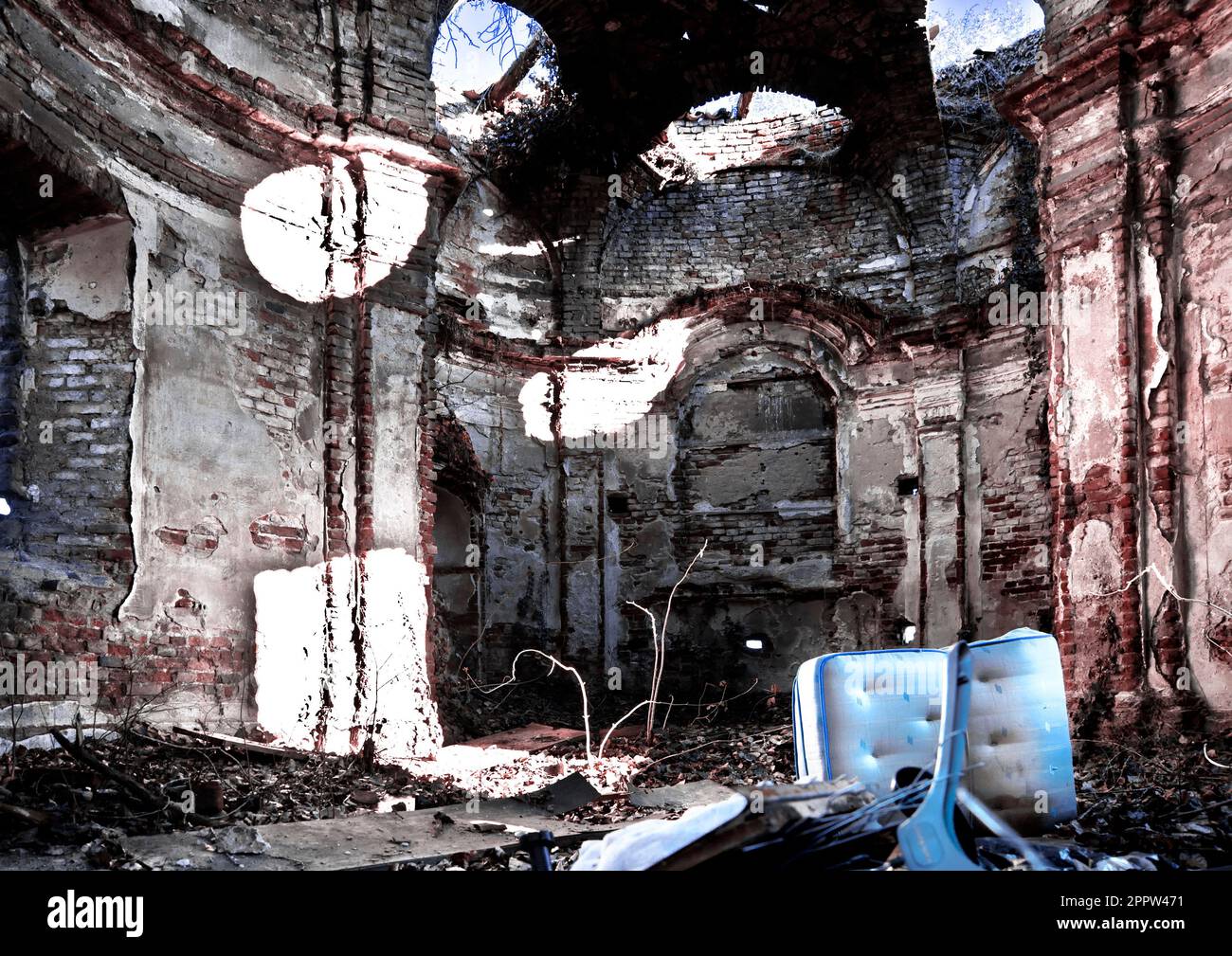 Abandoned and dilapidated church where rubbish and dirt have been ...