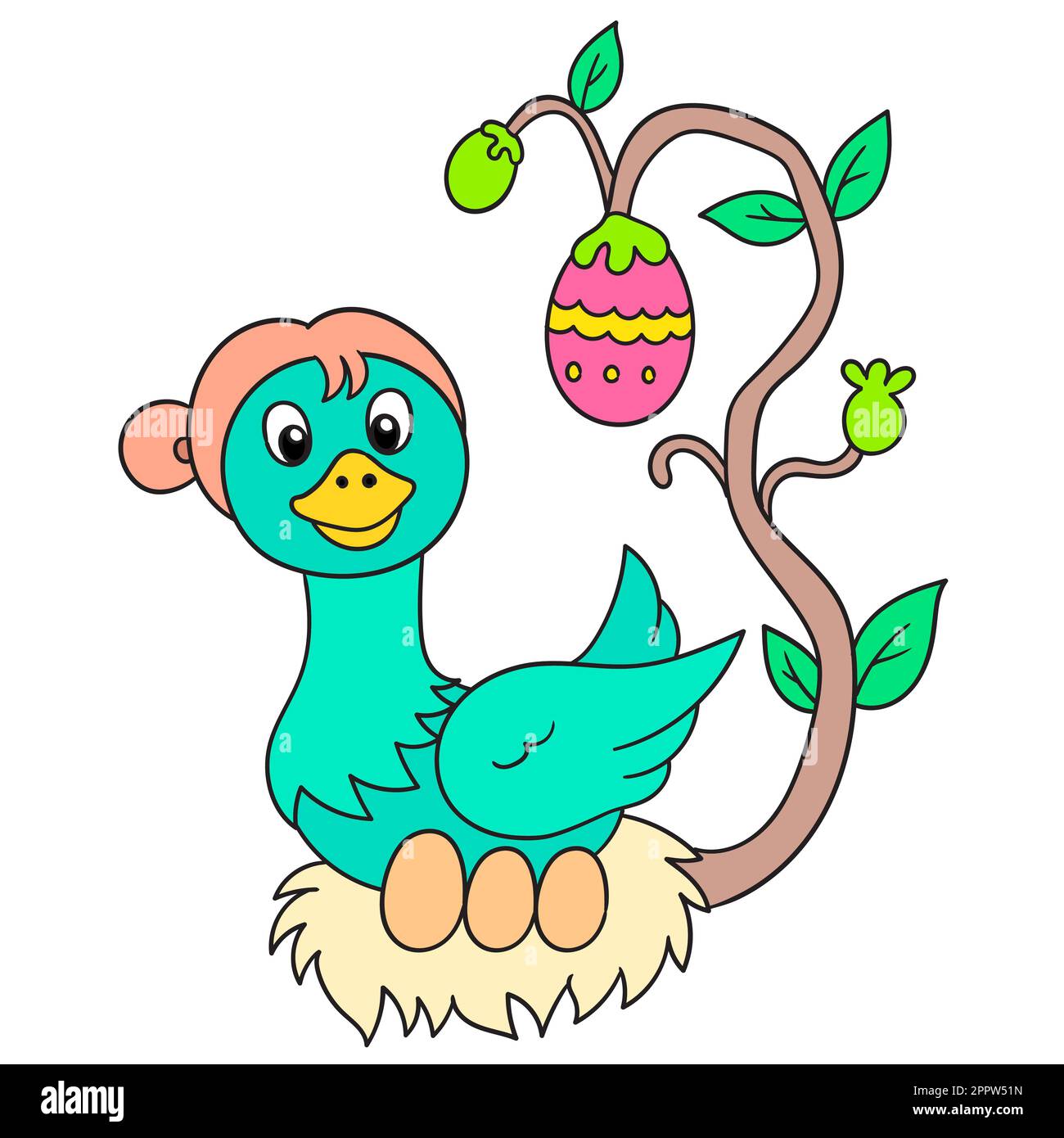 duck mother in the nest incubates the eggs, doodle icon image kawaii ...