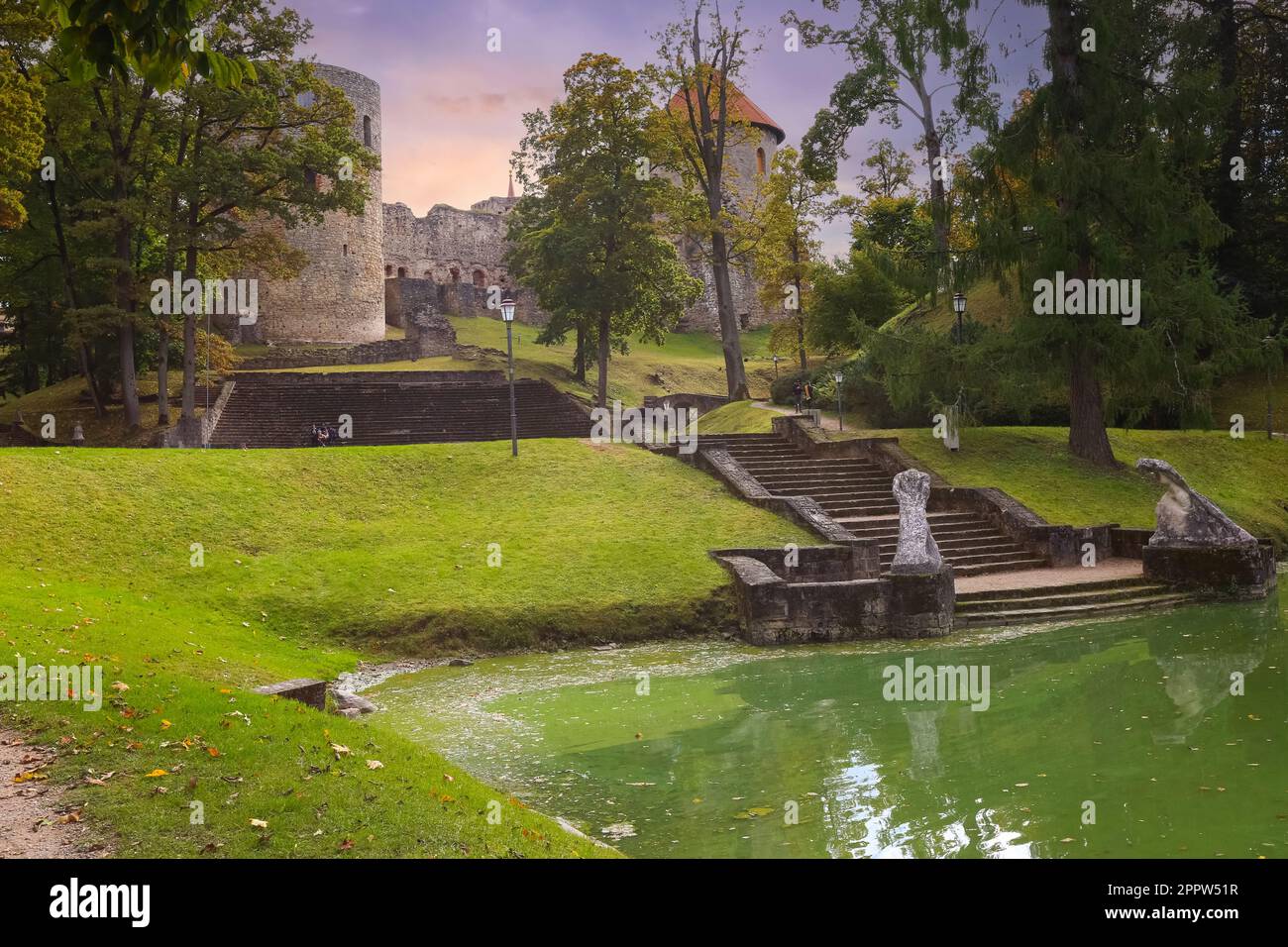 Cesis Latvia 09/25/2022 Autumn park and abandoned medieval castle in ...