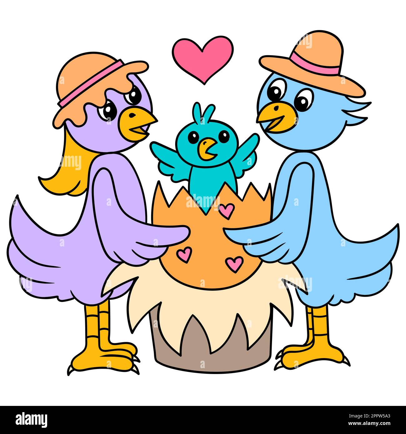 male and female duck parents welcome the birth of their child, doodle ...