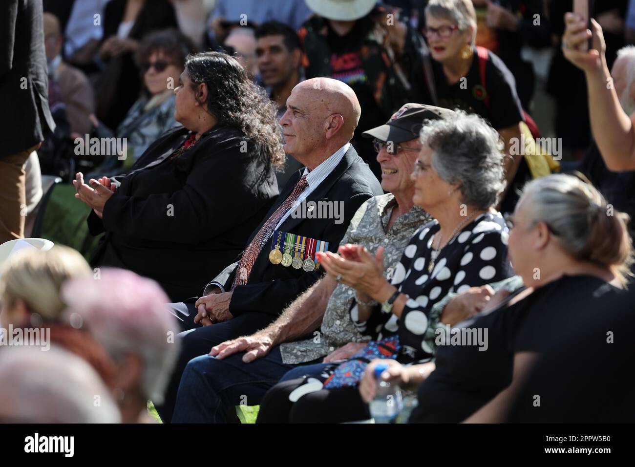 People gather for the Coloured Diggers event on Anzac Day in Sydney ...