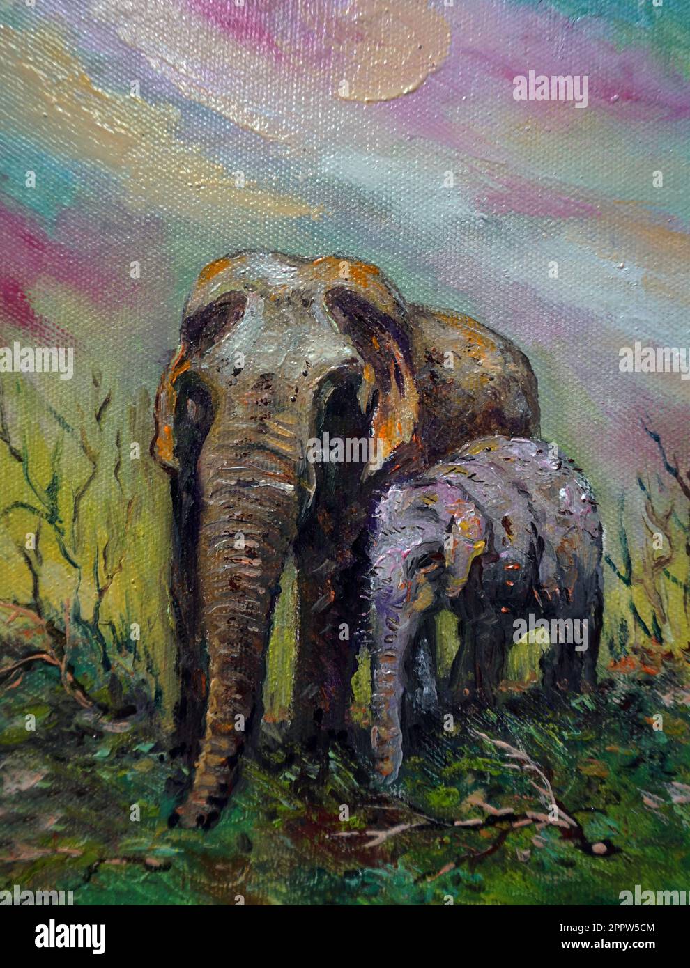 Art painting oil color Elephant family Stock Photo - Alamy