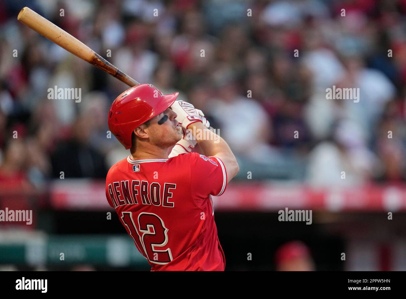 Los Angeles Angels' Hunter Renfroe (12) flies out during a baseball ...