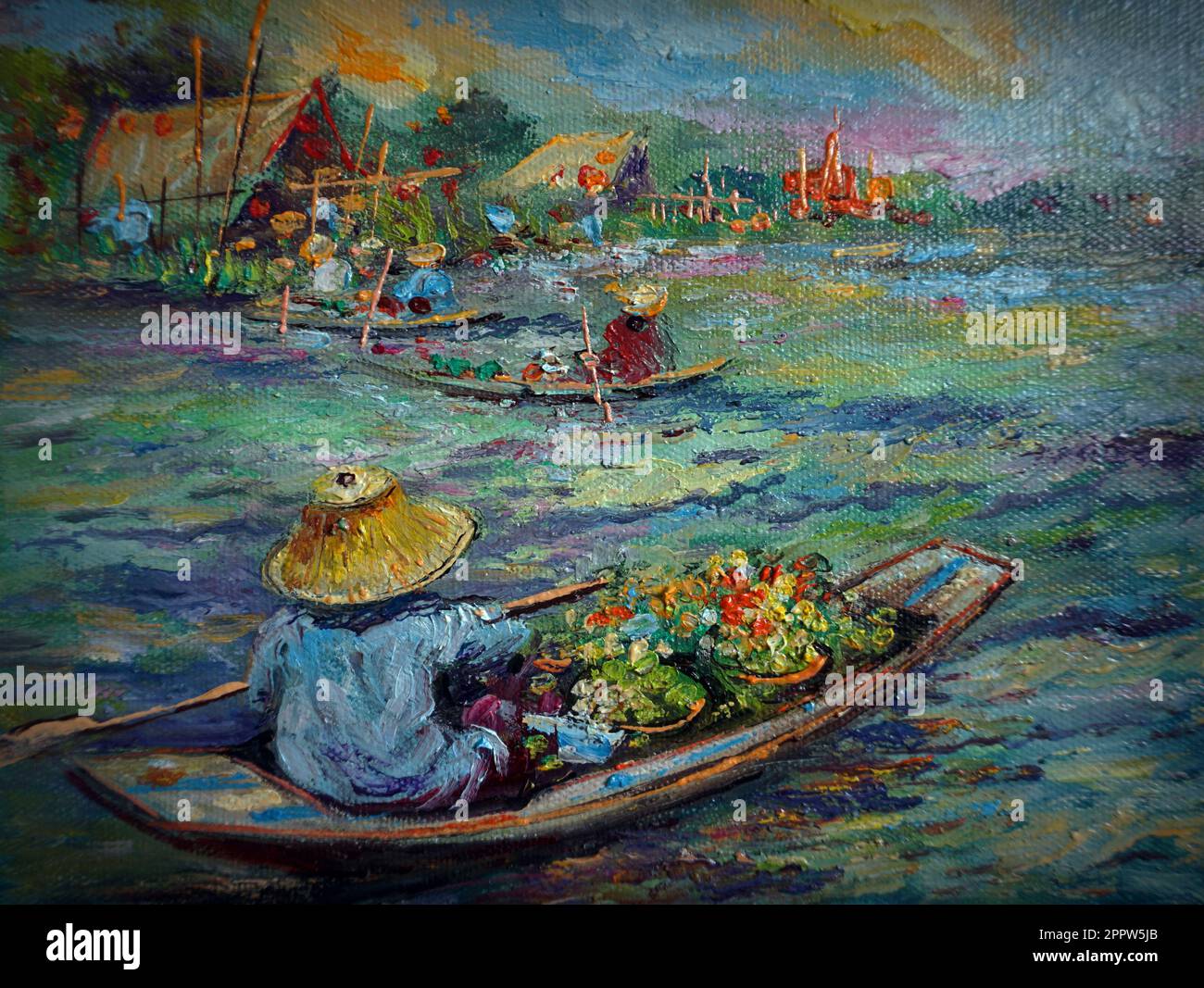art painting Oil color Floating market Thailand , countryside Stock ...